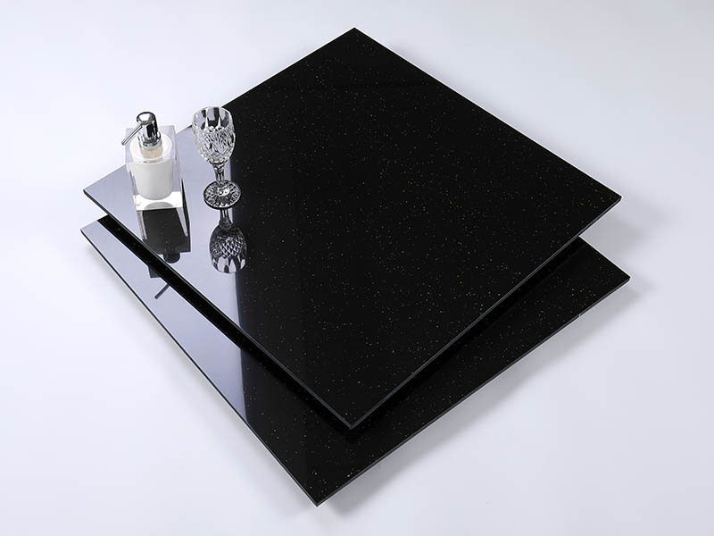 Solid Black Polished Porcelain Tiles with Golden and White Speckles丨Powell